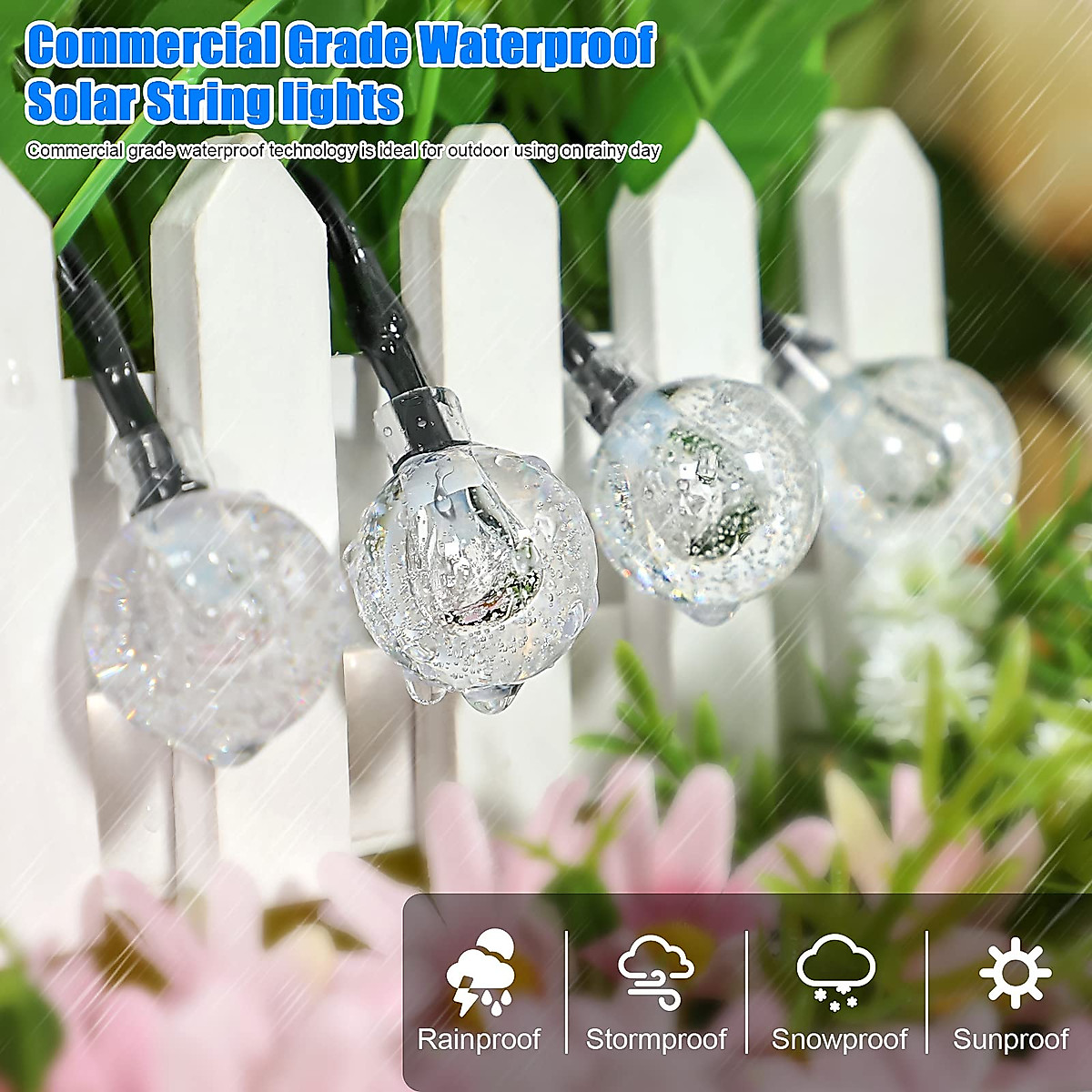 4-Pack 128FT 240 LED Solar String Lights Outdoor, Waterproof Crystal Globe Fairy Light Strings, Daylight White Shatterproof Patio Lights, 8 Lighting Modes Hanging String Lights for Porch Garden Party