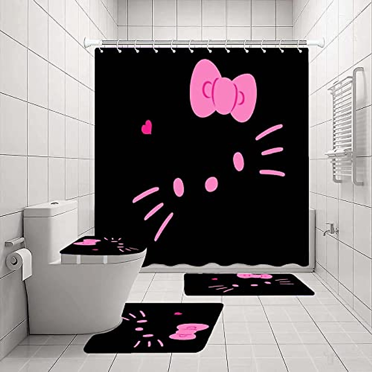 StarBlue-HGS Cartoon Kitty Lovely Cat Waterproof Shower Curtain Set Princess Kitten Little Cat Bathroom Bathtub Mat Toilet Cover Mat Set (B)
