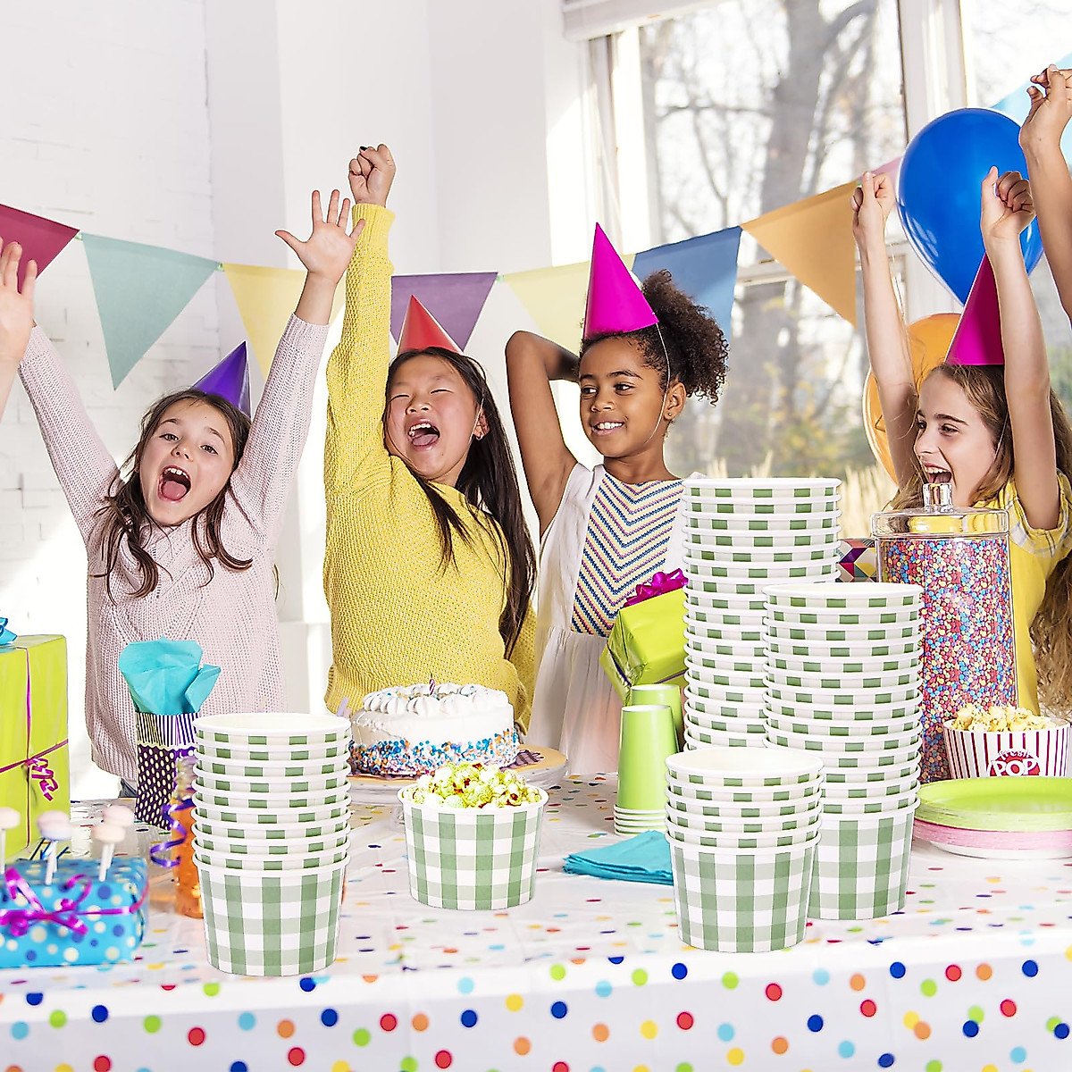 Whaline 50Pcs Disposable Paper Cups Sage Green Plaid Treat Snack Bowls 6.5oz Paper Cups Ice Cream Bowl for Wedding Birthday Bride Shower Party Supplies Table Decorations