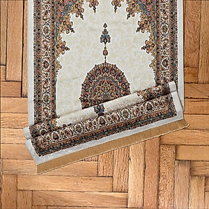 Muslim Prayer Rug | 25'' x 45'' Turkish Velvet Islamic Praying Mat for Men, Women, Kids | Patterned Janamaz Carpet Ramadan Sajadah Islam Namaz Rugs (Ecru III)
