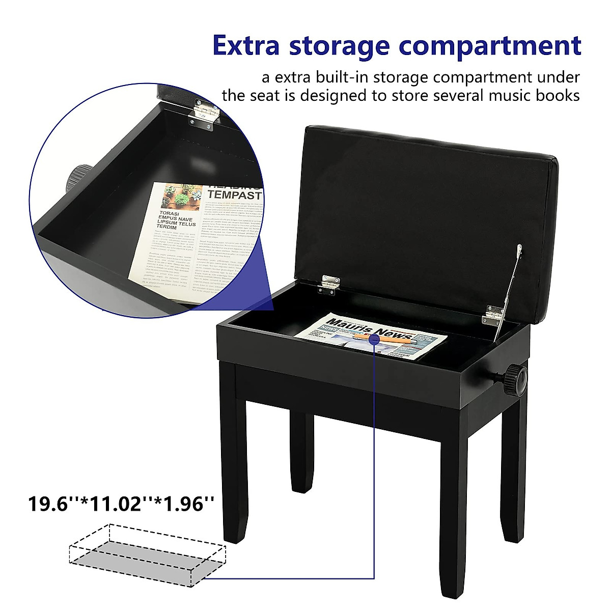 Iwell Piano Bench, Adjustable Piano Bench with Padded Cushion and Storage Compartment for Music Sheet, Music Bench, Piano Stool, Vanity Chair, Black