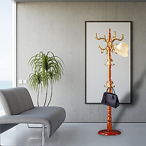 High-Grade Coat Rack Freestanding Coat Rack Stand, Wooden Coat Rack Stand with 14 Hooks, Coat Rack Wooden Tree for Coats, Hats, Bags, Purses, for Entryway Hallway Foyer Office Closet (Mahogany color)