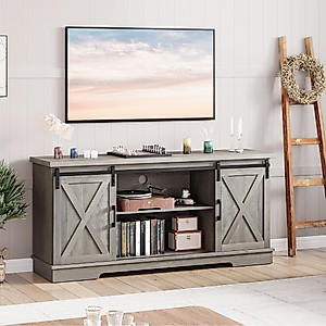 IDEALHOUSE Grey Farmhouse Cabinet, 65 Inch TV Stand with Storage, Barn Doors and Shelves, Modern TV Console Table Furniture for Living Bedroom