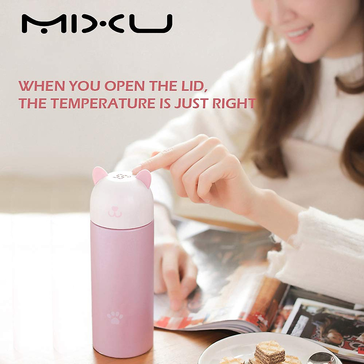 MIXU Catto Cat Shape Smart Thermos Bottle with Temperature Display, 304 Stainless Steel Food Grade Insulation Vacuum Flask, Leak-proof Anti Slip 10-Ounce Portable for Children, Girls, School, Red