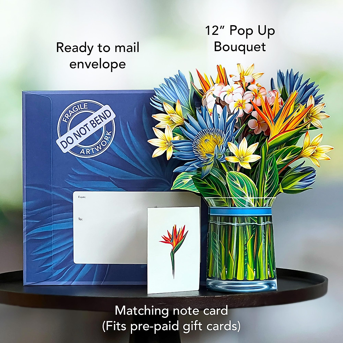 Freshcut Paper Pop Up Cards, Tropical Bloom, 12 inch Life Sized Forever Flower Bouquet 3D Popup Greeting Cards with Note Card and Envelope - Birds of Paradise & Lotus Blossom Flowers