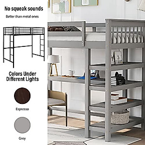 Merax Wood Loft Bed with Desk : Twin Size Loft Bed with 4-Storage Shelves and Under Bed Desk Solid Wood Bed, Grey