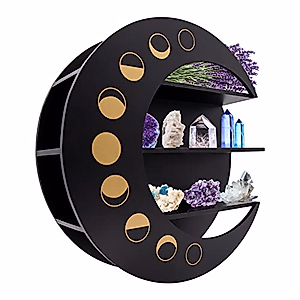 Myuilor Crescent Moon Shelf, Wooden Moon Shelf for Crystals, Stones & Essential Oils, Crystal Shelf Display Pine Floating Circle Shelf, Crystal Moon Shelves(Black)