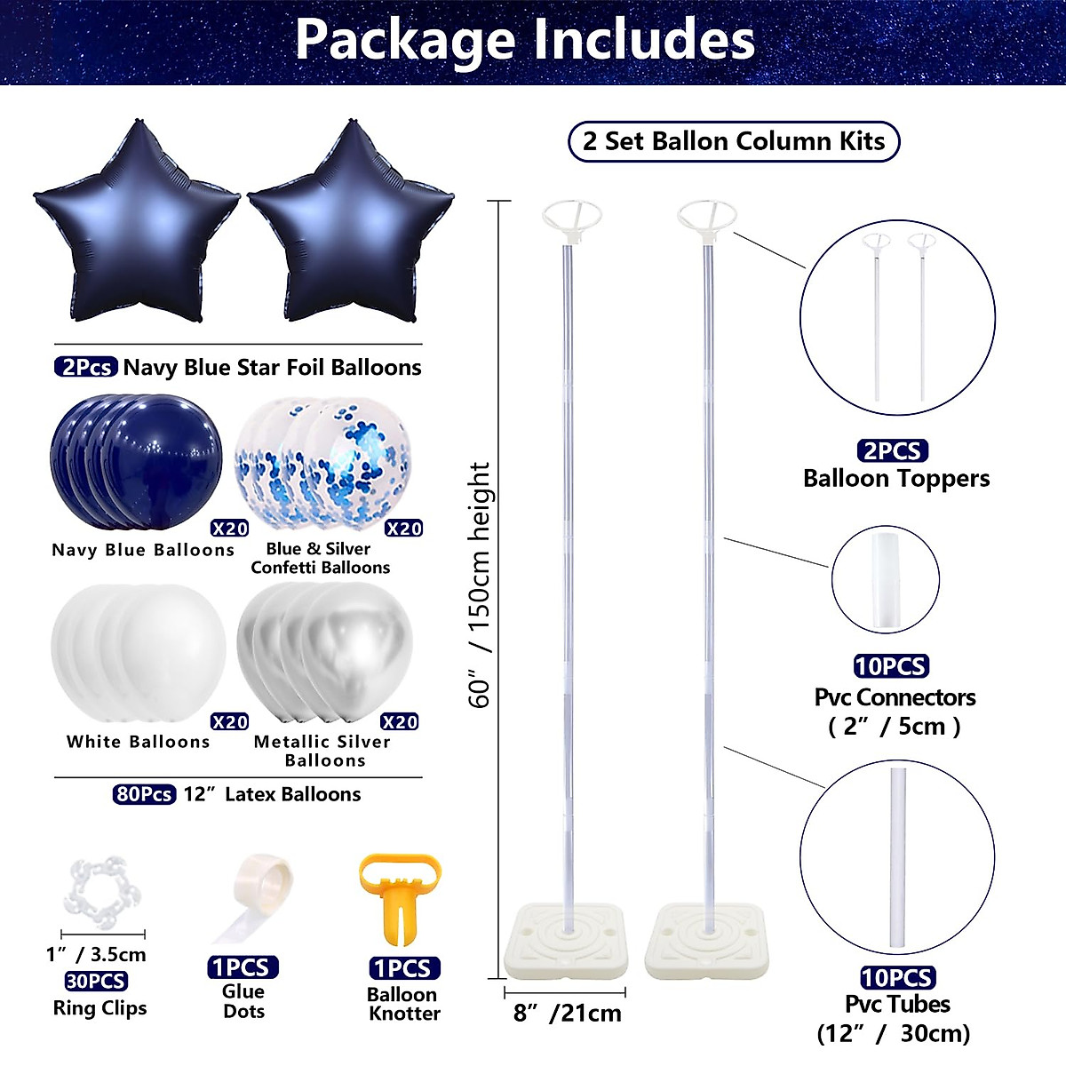 2 Set 5 Feet Balloon Column Kit With Balloons, 80 Pcs Navy Blue Silver Balloons, Navy Blue Start Balloons, for Boy Birthday, Wedding, Baby Shower, Bridal Shower, Graduation Party