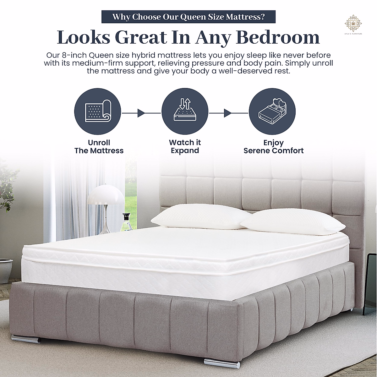 Aylas Furniture Queen Bed Mattress - 8 Inch Hybrid Mattress Queen Size with High Density & Comfort Cold Foam with Continuous Coil Bonnell Springs - Eco-Friendly, Breathable Medium Firm Queen Mattress