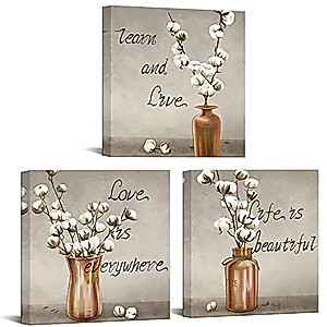 Nachic Wall 3 Piece Farm Wall Art Vintage Cotton Flowers Painting Picture Prints on Canvas Rustic Life Love Quotes Brown Artwork for Farmhouse Living Room Kitchens Wall Decor Framed Ready to Hang