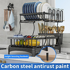 KEKAPE Dish Drying Rack, Space-Saving & Durable, Rust-Proof 2 Tier Stainless Steel Dish Rack for Kitchen Counter with Detachable Drainboard, Utensil Holder, and Cup Holder Set,Large Size, Black