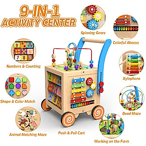 WOODMAM Wooden Baby Walker | 9-in-1 Wooden Activity Cube, Sit-to-Stand Learning Walker Activity Center, Early Educational Push & Pull Toys for Baby Toddler Boys Girls, Height & Brake Adjustable