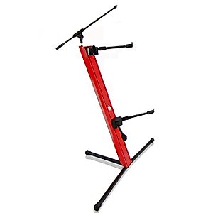 Griffin 2-Tier Column Keyboard Stand with Mic Boom Arm Double Sliding Multi Mounting Platform Red Stage Tower Rack | Holder for Digital Piano, Turntable, DJ Audio Gear, Studio Laptop Synthesizer
