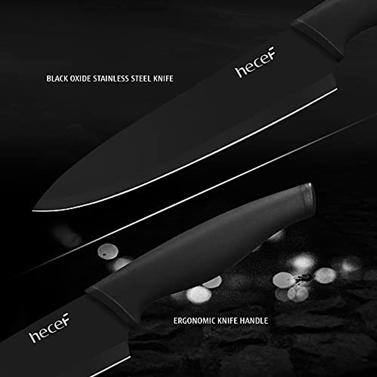 hecef Black Oxide Knife Set of 6 with Matching Blade Protective Sheath, Black Kitchen Knife Set, Scratch Resistant & Rust Proof, Hard Stainless Steel, Non Stick Black Color Coating Blade Knives