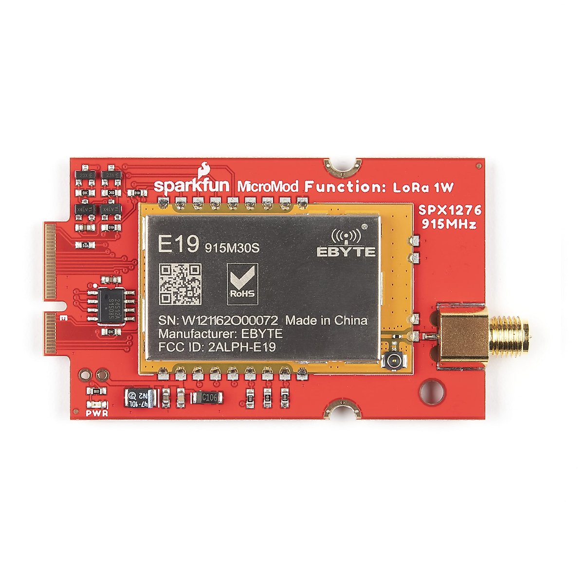 SparkFun MicroMod LoRa Function Board - 1W 915M30S LoRa Module Frequency Range: 900-931MHz Transmit Power 28.5-30dBm (max) Modulation LoRa, FSK, GFSK, MSK, GMSK, OOK Antenna Impedance: 50Ω