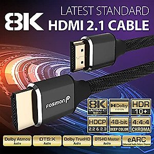 Fosmon HDMI 2.1 Cable 8K@60Hz 1ft, Premium Certified in-Wall CL3 Rated, 48Gbps Ultra High Speed, 4K@120Hz, Dynamic HDR, HDCP 2.3, 3D, eARC, 30AWG Cotton Braided Compatible with UHD TV, Monitor