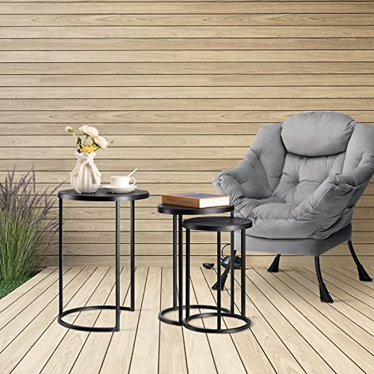 ALIMORDEN Set of 3 Round Metal Nesting Table, 3-Pack Indoor&Outdoor Coffee Snack Side Table, Accent Nightstand for Bedroom, Sofa Side Table for Living Room, Garden, Patio, (D) 14" x(H) 19.69", Black