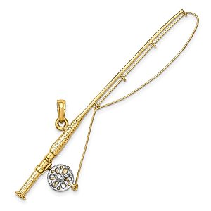 Auriga Fine Jewelry 14k Gold Rhodium 3-D Fly Rod Fishing Pole Charm, (L- 18.3 mm, W- 64.25 mm) Gift for Women