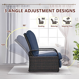 Babylon Dual-use Indoor/Outdoor Wicker Adjustable Recliner Chair, Patio Relaxing Lounge Rattan Armchair with Cushions (Brown Wicker+Navy Blue Cushion)
