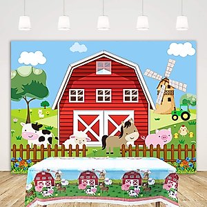 Farm Animals Theme Party Decorations,Farm Animals Barn Door Backdrop and Tablecloth for Children Baby Shower Birthday Party Supplies Banner (5x3ft)