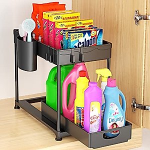MERRYBOX Under Sink Organizers and Storage, Sliding Under Bathroom Cabinet Organizer, 2 Tier Kitchen Under Sink Organizer Pull Out Drawer with 4 Hooks, 1 Hanging Cup, 4 Non-Slip Feet, Black, 1 Pack