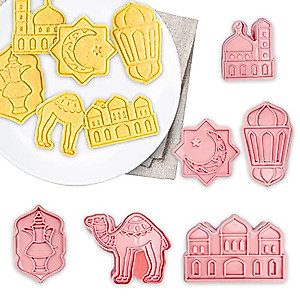 6 Pcs Eid Mubarak Cookie Cutters Set,3D Ramadan Islamic Muslim Cookie Stamp Biscuit Cutters,DIY Biscuit Press Stamp Molds,Biscuit Embossing Fondant Baking Tool,Camel,Lantern,Islamic Star,Star,Moon