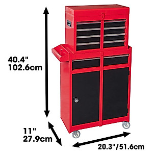 Wolf Rolling Garage Workshop Tool Organizer: Detachable 4 Drawer Tool Chest with Large Storage Cabinet and Adjustable Shelf, Red/Black (WF1204R-RB)