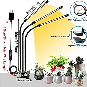 FRGROW Grow Lights for Indoor Plants, LED Plant Grow Lights, 3000k/5000k/660nm Full Spectrum Plant Growing Lamps, Clip on Plant Lamp with White Red LEDs, Timer Setting, 10-Level Dimmable(3-Head)