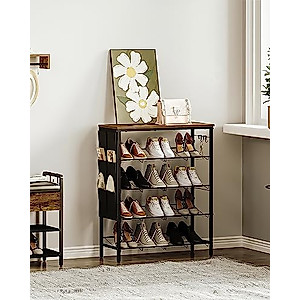 Hzuaneri 5 Tier Shoe Rack, Free Standing Shoe Storage for Entryway, Adjustable Shoe Organizer Shelves with 1 Side Pocket and 2 Hooks, Steel, Industrial, Rustic Brown and Black SR04101B