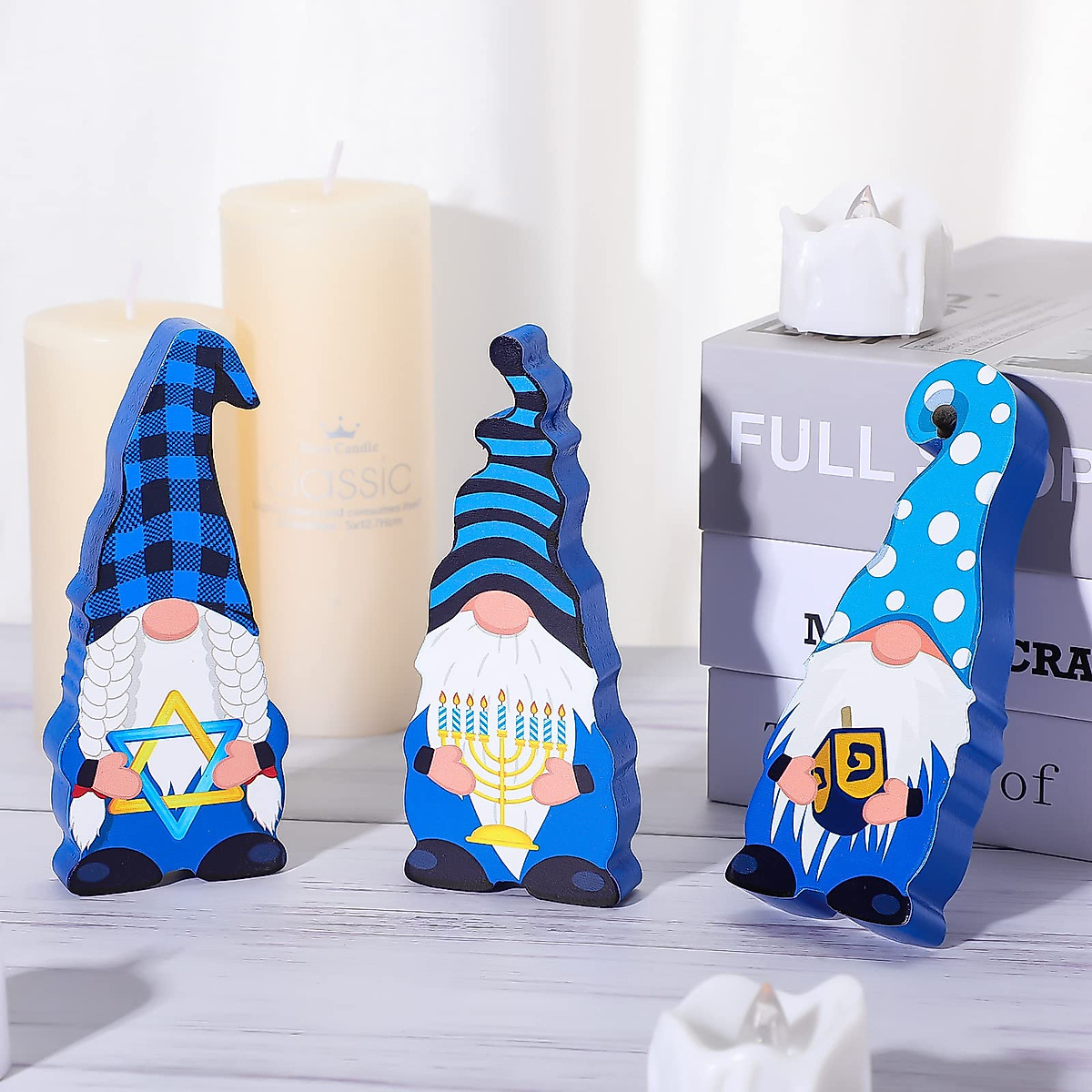 3 Pieces Hanukkah Gnomes Wood Blocks, Hanukkah Table Decorations Chanukah Table Centerpieces Wooden Gnomes Signs for Desk Shelf Display Holiday Party Home Supplies Decorations