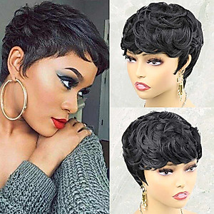 Flandi Short Pixie Cut Wigs for Black Women Natual Black Curly Pixie Wigs with Bangs Short Wigs Human Hair Wigs Short Curly Layered Pixie Wig for Women (Short Pixie Wavy 1B#)