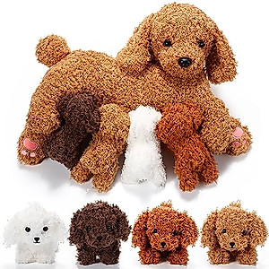 Honoson Nurturing Dog Stuffed Animal with Puppies, Mommy Dog with 4 Baby Puppy Soft Cute Stuffed Plush Dog Puppy for Kids Birthday Gifts Party Favors (Curly Dog)