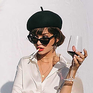 Gllutt Beret Hat Artist French Style Warm Thick 90% Wool Solid Color for Women (Black)