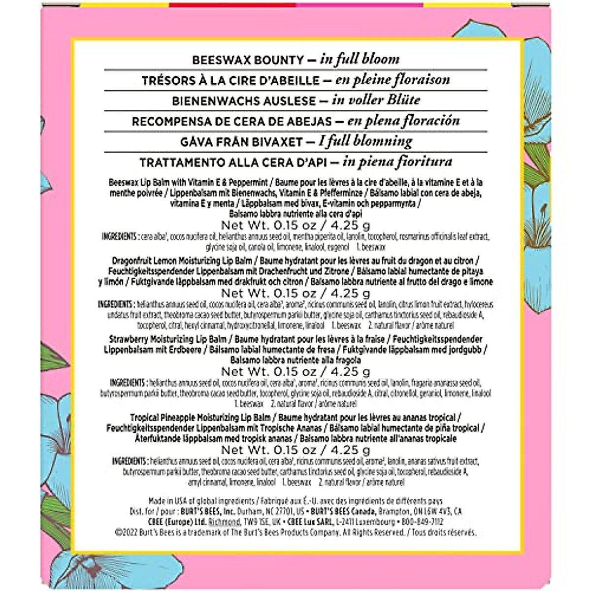 Burt's Bees Lip Balm Easter Basket Stuffers, Lip Care Gifts for All Day Hydration, In Full Bloom Set - Beeswax, Dragonfruit Lemon, Tropical Pineapple & Strawberry, 4 Pack (Packaging May Vary)