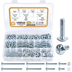VIGRUE 705PCS #8-32x1/2 to #8-32x2 Machine Screws 8/32 Knob/Pull Screws Bolt Nut Flat Washers Zinc-Plated Steel Phillips Machine Screws Assortment Kit, Cabinet Door and Drawer Screws