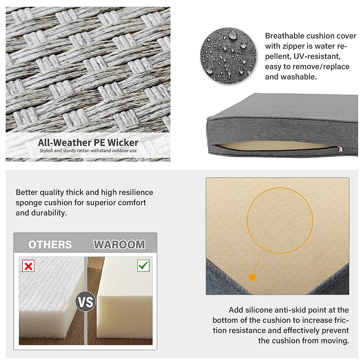 WAROOM Patio Loveseat Outdoor Wicker Small Couch PE Rattan 2-Seater Furniture Sofa, Deep Patio Seating with Grey Cushion