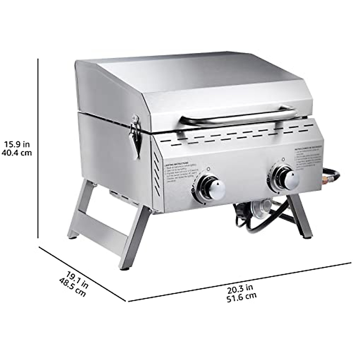 Amazon Basics Portable Propane Stainless Steel Tabletop Gas Grill, Two Burner Table Top