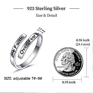 925 Sterling Silver Rings Inspirational Jewelry for Women Faith Cross Ring Gifts for Daughter Teen Girls Friend Faith Over Fear Wrap Open Ring Adjustable (Faith over fear)