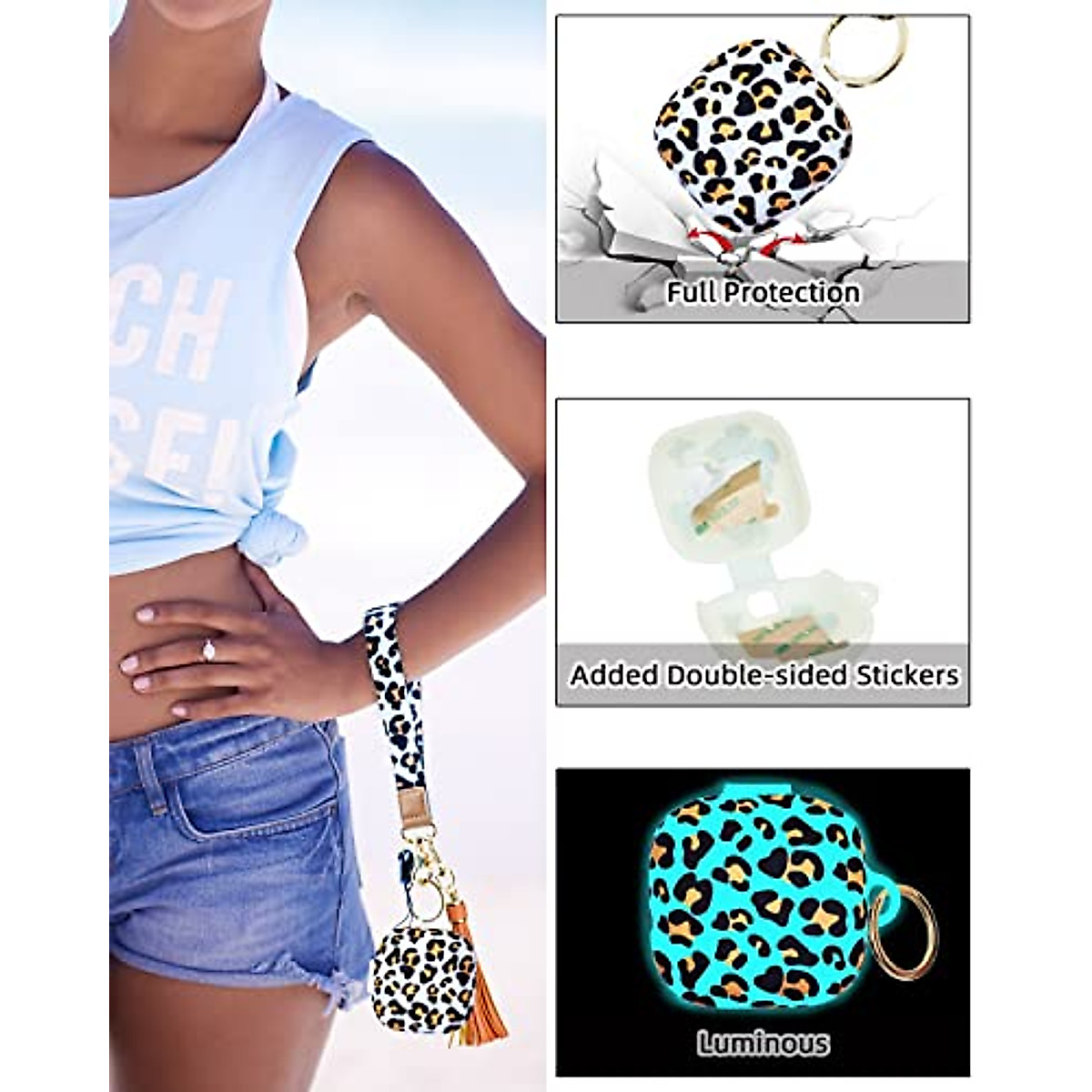 Beats Fit Pro Case Cover with Wristlet Keychain, Cute Luminous YOPICKERN Silicone Earbuds Case with Wrist Key Lanyard for Beats Fit Pro 2021/2022, Gift for Women, Leopard