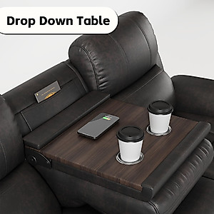 Olodumare Mid-Century Power Reclining Breathable Fabric Sofa for Living Room, with Drop Down Table, USB Button, Wireless Charger, Magazine Bag, Faux Leather Sofa (Espresso)