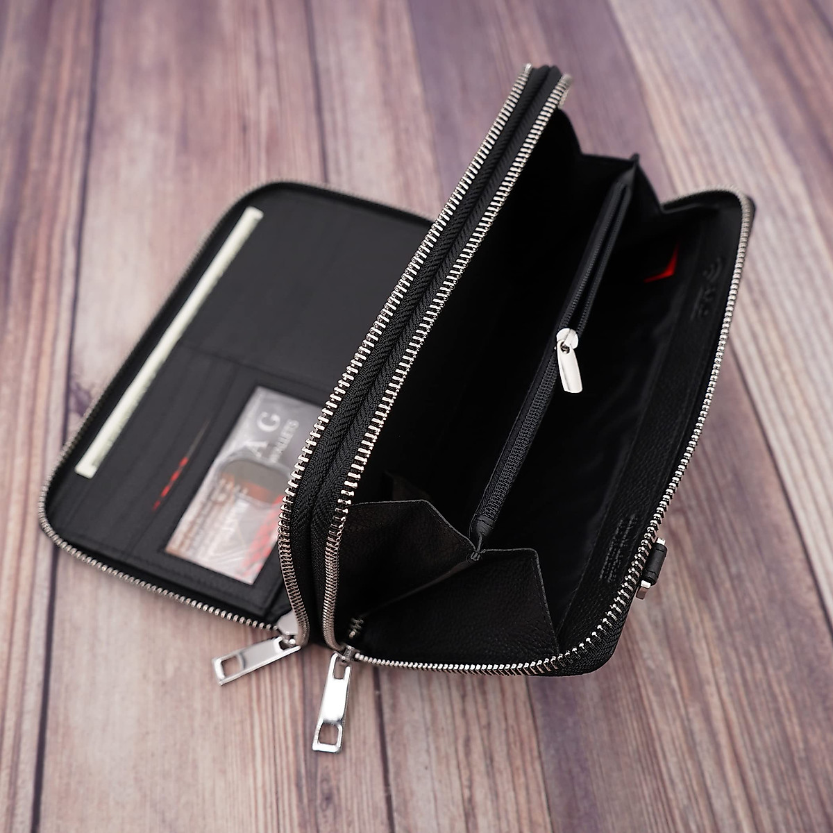 AG Wallets Women's Double Zipper RFID Leather Wristlet Wallet (Black Wax Finish)