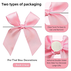 Twist Tie Bows, 50Pcs Pink Satin Ribbon Bows, 3.9'' Big Pre-Tied Pink Gift Bows for Gift Wrapping Treat Bag Present Craft Bridal Shower Wedding Girls Birthday Party Halloween Thanksgiving (Pink)