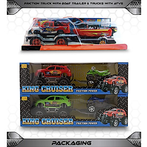 Mozlly Bundle of 2 Friction Powered Monster Trucks with ATV Trailer Playset, Push Powered Monster Truck with Speed Boat Transport Toys - Push & Go