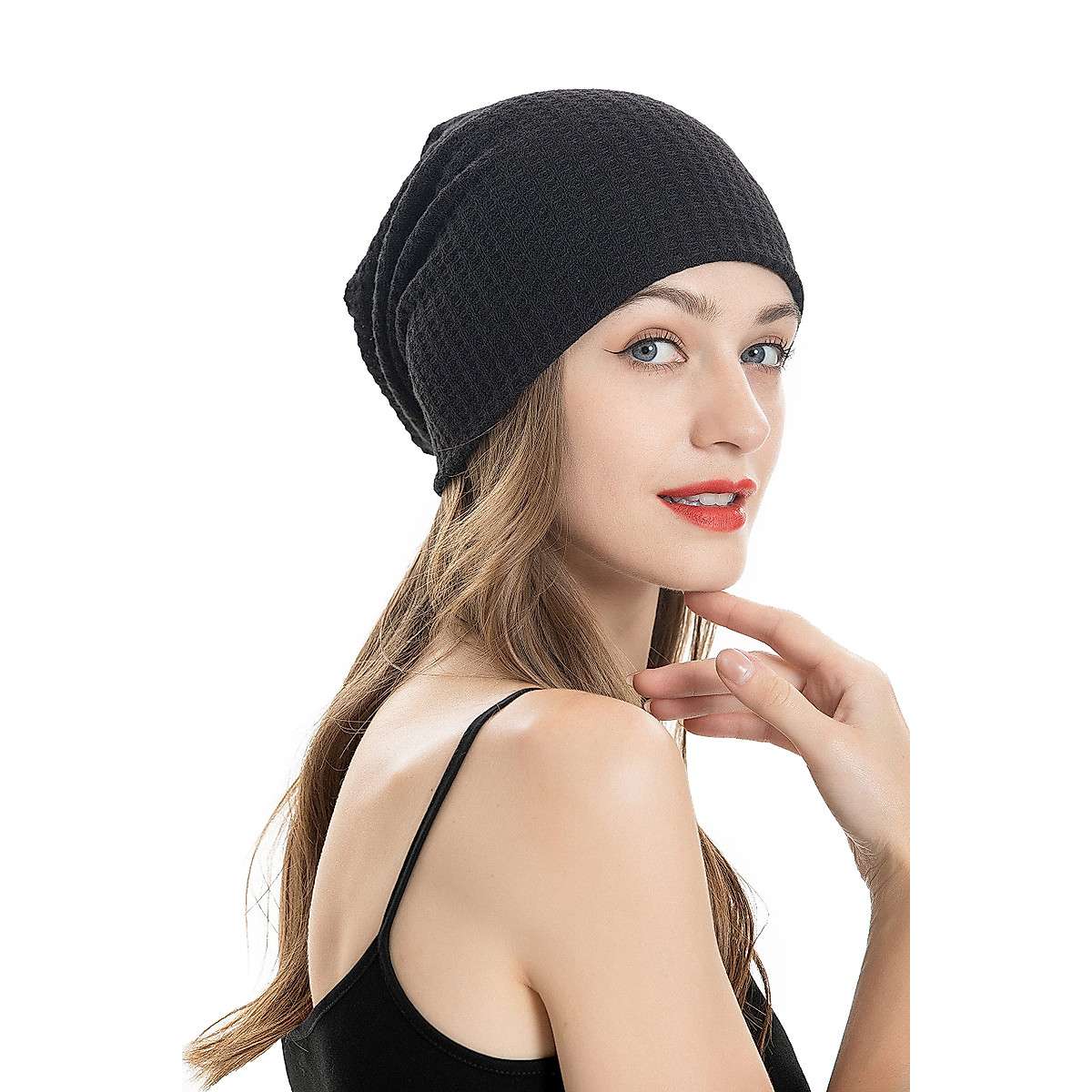 ZLYC Women Fashion Knit Slouchy Beanie Hat Thin Stretch Skull Caps (Solid Black)