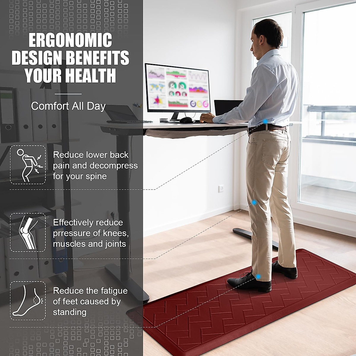 WEZVIX Non-Skid Kitchen Rugs and Mats Waterproof, Anti Fatigue Kitchen Mat 2 PCS, 1/2 Inch Thick Kitchen Floor Mat, Ergonomic Comfort Foam Standing Mat for Floor, Office, Sink, Laundry - Red