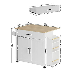 IRONCK Kitchen Island with Storage, Rolling Kitchen Island on Wheels with Drop Leaf, 3 Open Spice Rack Shelf, Door Cabinet, Drawer, Kitchen Cart Island Table for Kitchen, White
