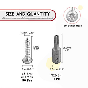 Hilitchi 50 Pcs #8 x 3/4” Stainless Steel Button Head Torx Sheet Metal Screws Security Silver Screws Anti-Theft Tamper Proof with Bit T20