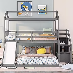 POCIYIHOME Twin Over Full House Bunk Bed with Convertible Slide & Storage Staircase, Wood Bed Frame with Slat Support & Full Length Guardrail for Kids,Teens Bedroom, No Box Spring Needed, Gray