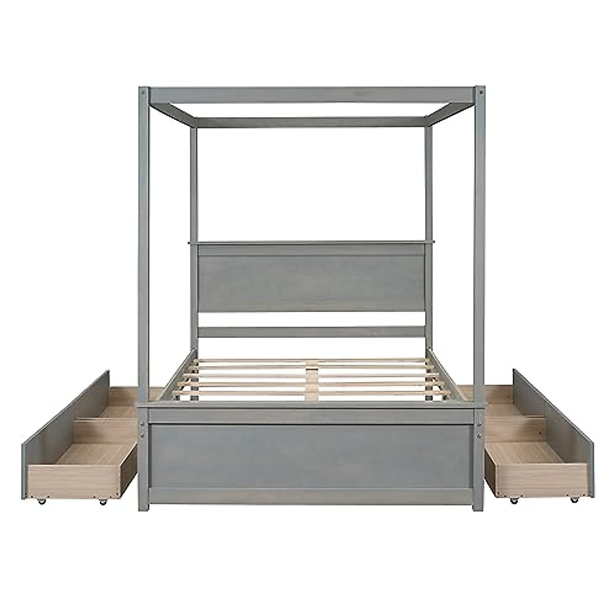 WADRI Modern Full Size Canopy Platform Bed with 4 Drawers, Wood Canopy Platform Bed with Support Slat, 4-Post Canopy Platform Bed Frame for Kids Teens Adult, No Box Spring Needed (Brushed Gray-3)