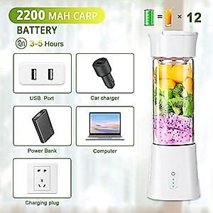 Portable Blender for Smoothies and Shakes, USB Rechargeable Personal Blender with 6 Blades,Mini Blender with Travel Cup and Lid,Handheld Personal Size Blender for Home/Gym/Travel,BPA-Free(White)